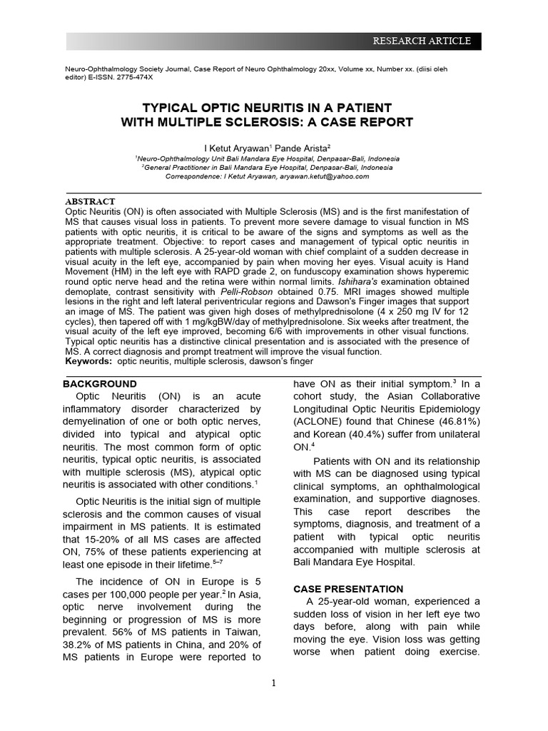 Typical Optic Neuritis Rev | PDF | Multiple Sclerosis | Clinical Medicine
