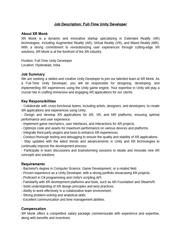 Job Description - Full-Time Unity Developer | PDF | Unity (Game Engine) | Augmented Reality