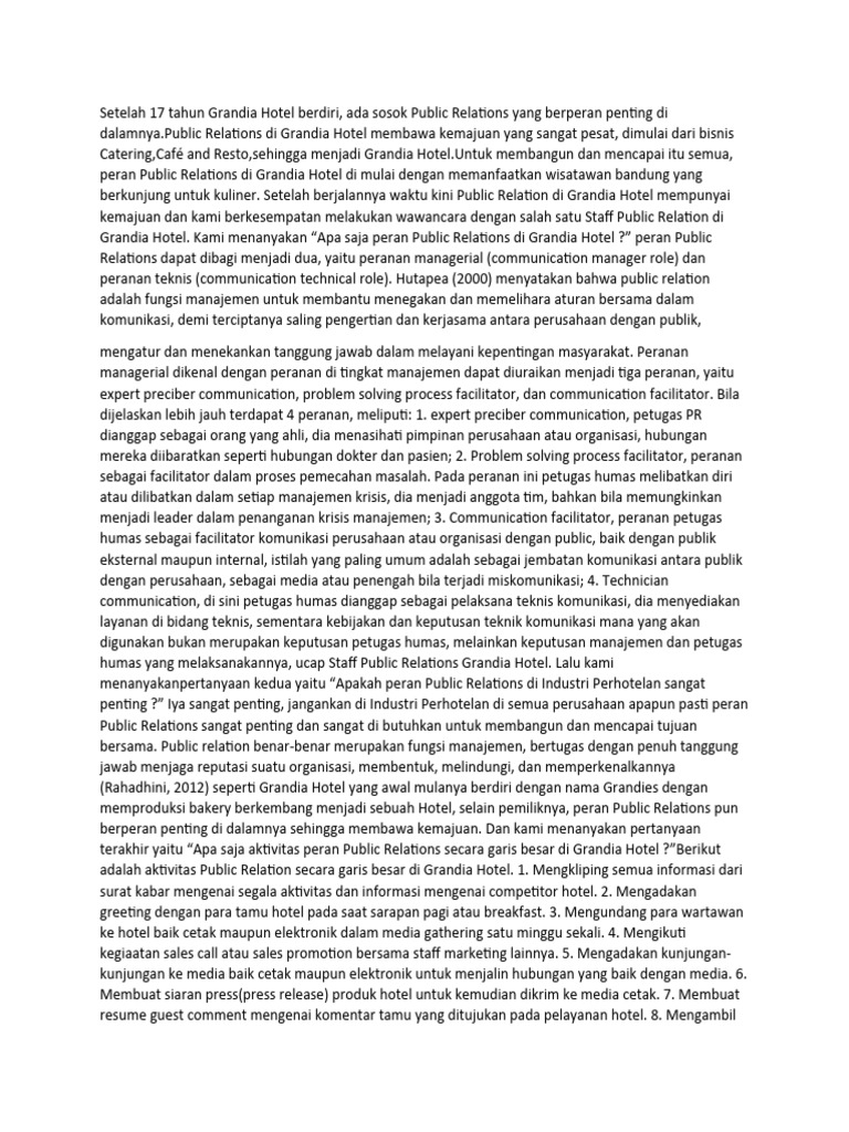 Peran Public Relations di Grandia Hotel | PDF