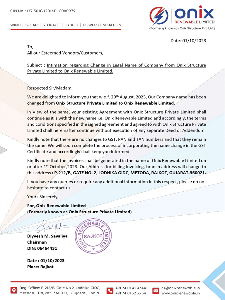 Intimation Letter Change Legal Name - 01.10.2023-ORL | PDF