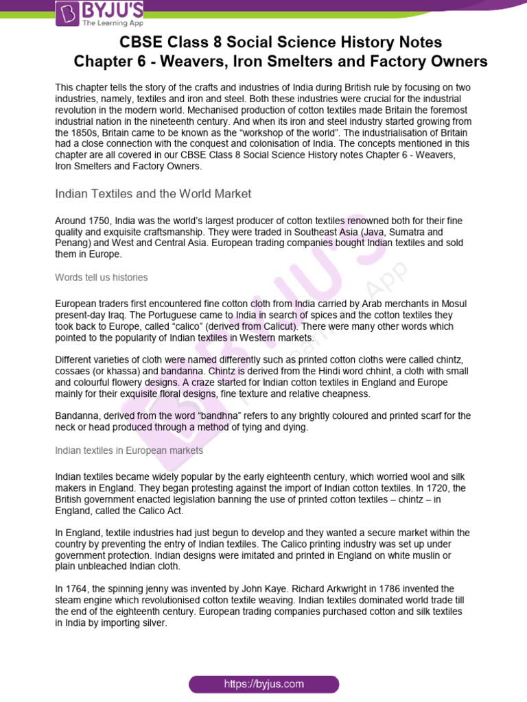 CBSE Class 8 Social Science History Notes Chapter 6 Weavers Iron ...