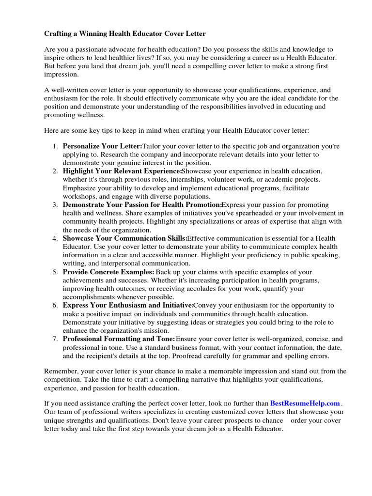 Health Educator Cover Letter Guide | PDF | Health Education | Health ...
