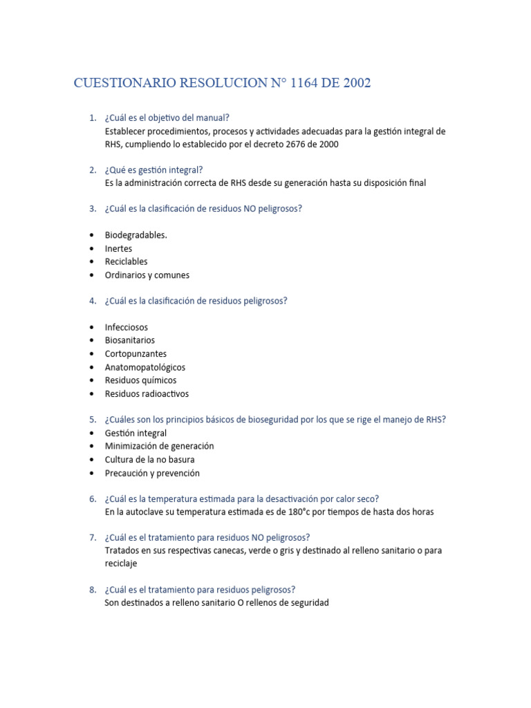 Cuestionario Resolucion 1164 - Angie Ojeda | PDF | Residuos | Gestión ...