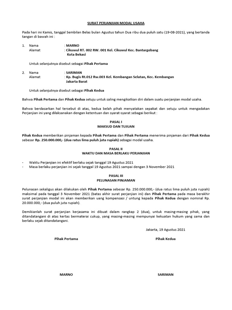 Surat Perjanjian Modal Usaha Pdf
