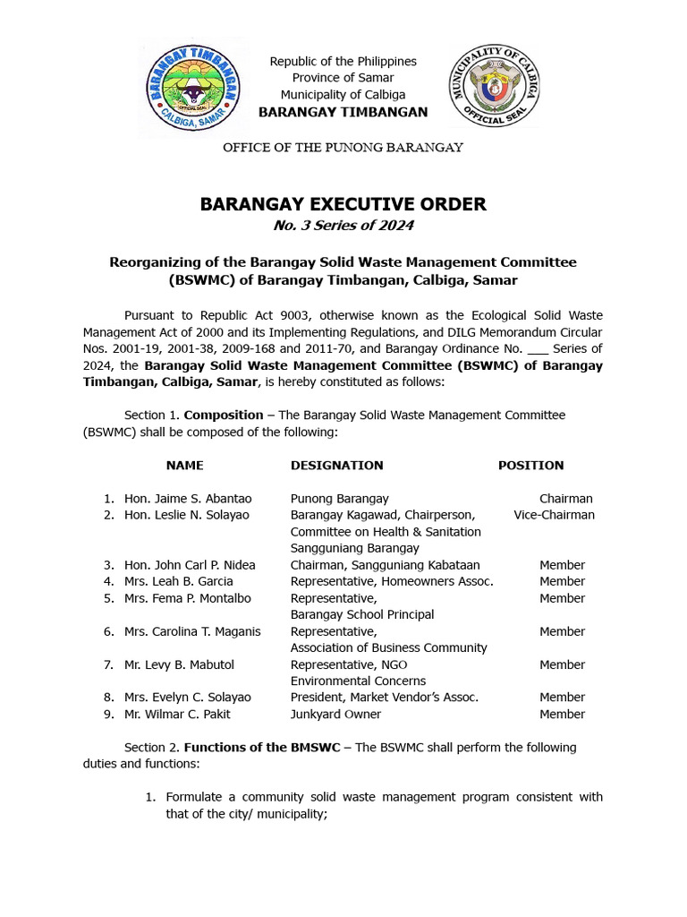 Barangay Executive Order No. 3 | PDF | Waste Management | Municipal ...