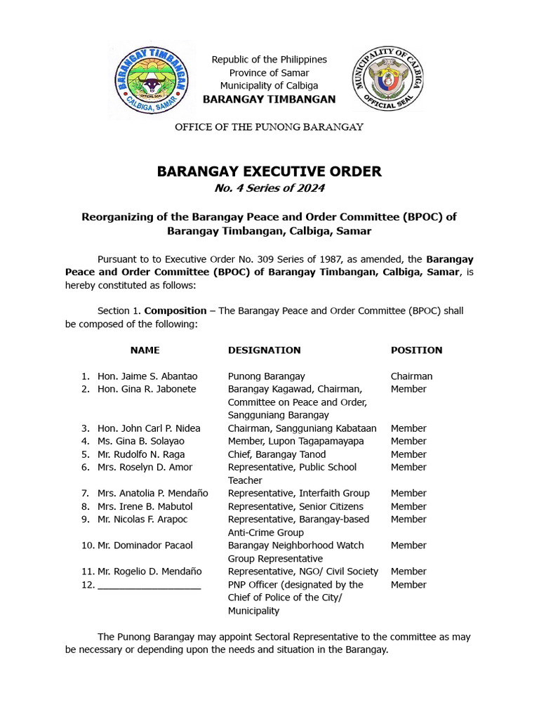 Barangay Executive Order No. 4: BPOC Reorganization | PDF | Governance ...