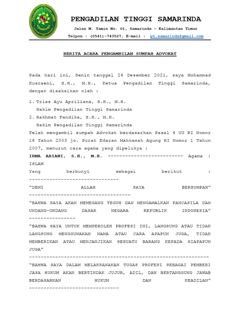 Berita Acara Sumpah Advokat | PDF