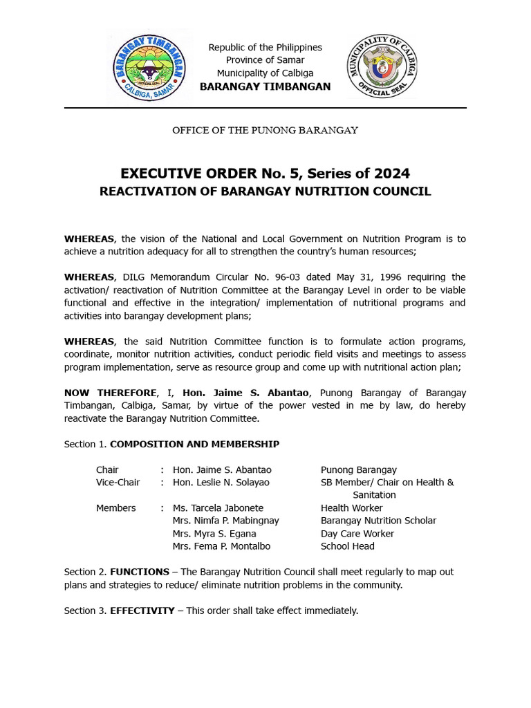 Barangay Executive Order No. 5 | PDF