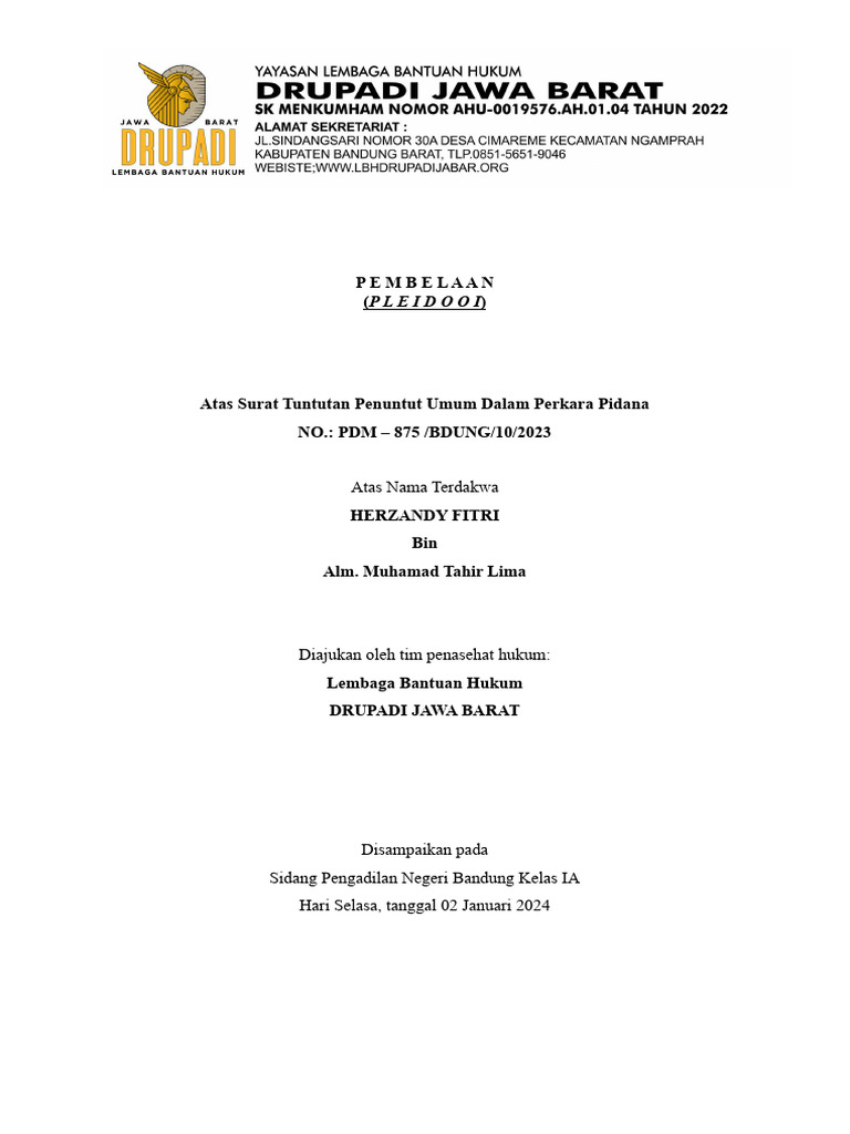 Pledoi Perkara Pidana 874 Pid.B 2023 PN - BDG | PDF | Hukum