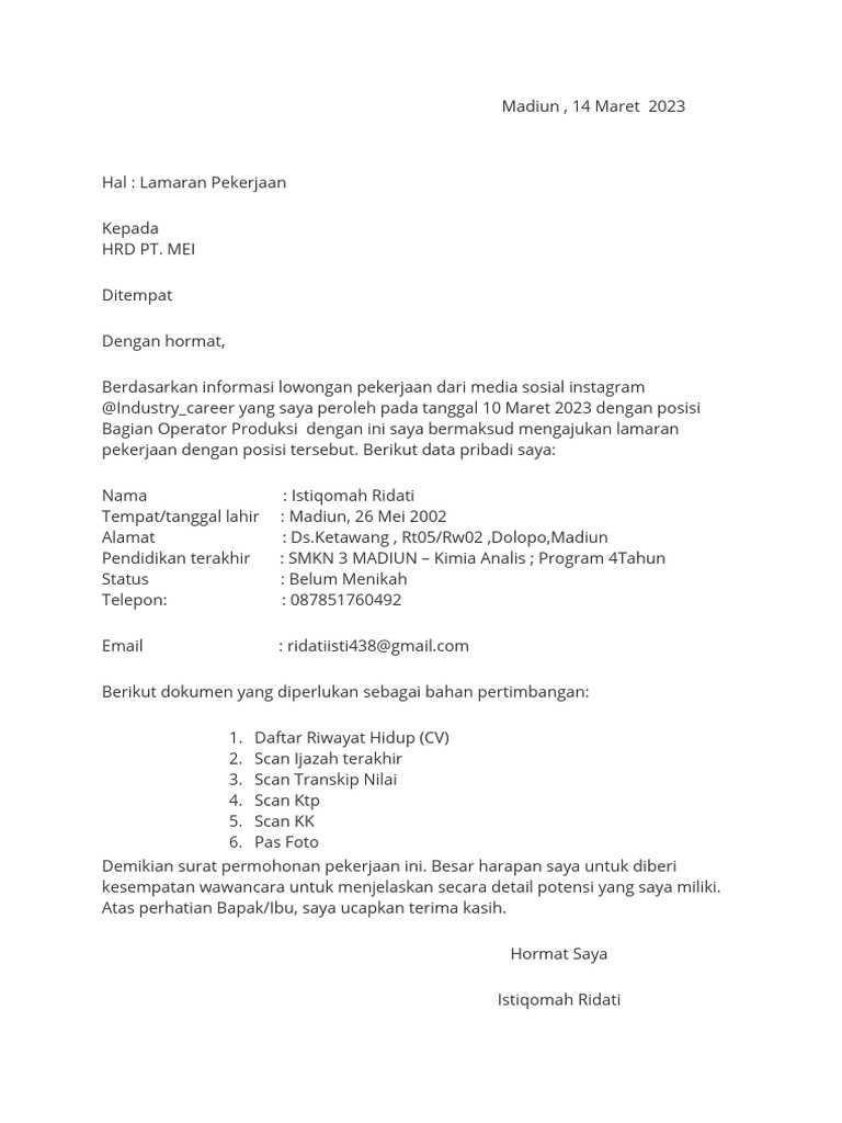 Lamaran Ridha | PDF | Karier & Perkembangan