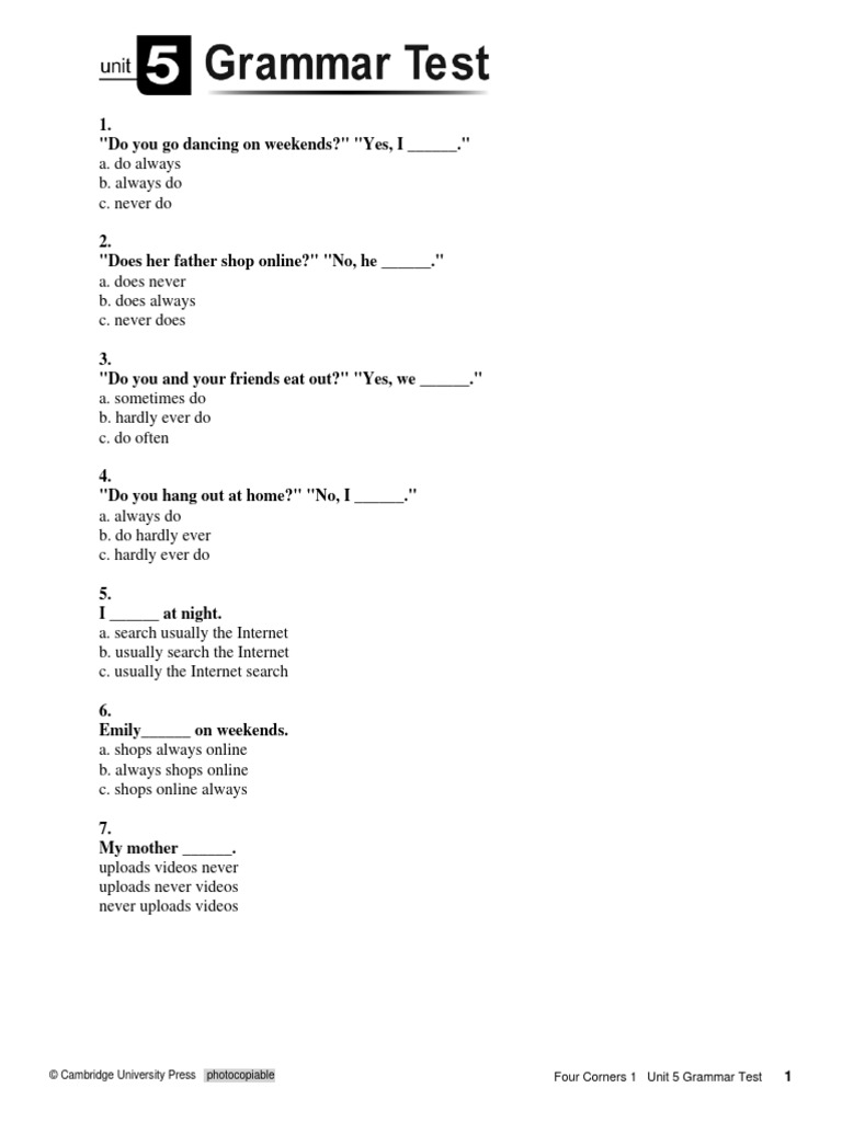 Four Corners Unit 5 Grammar Test | PDF