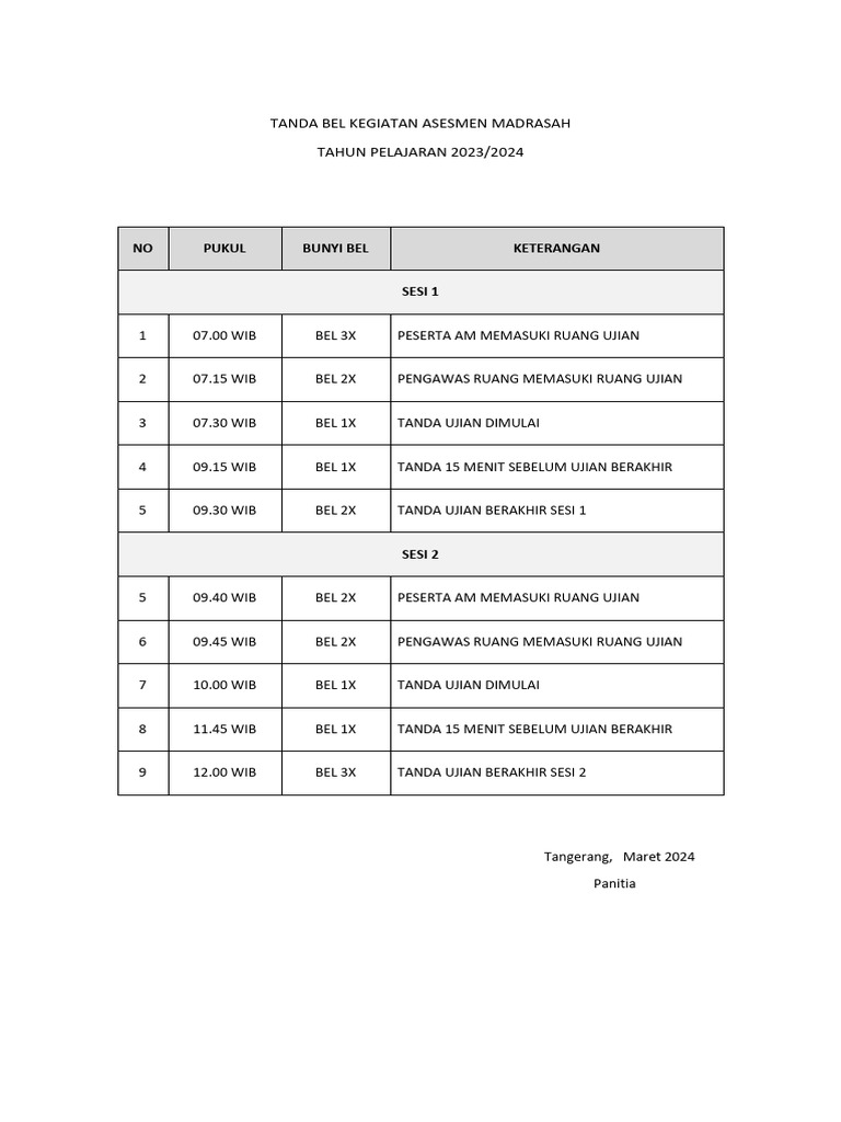 Tanda Bel Ujian Madrasah 2023/2024 | PDF