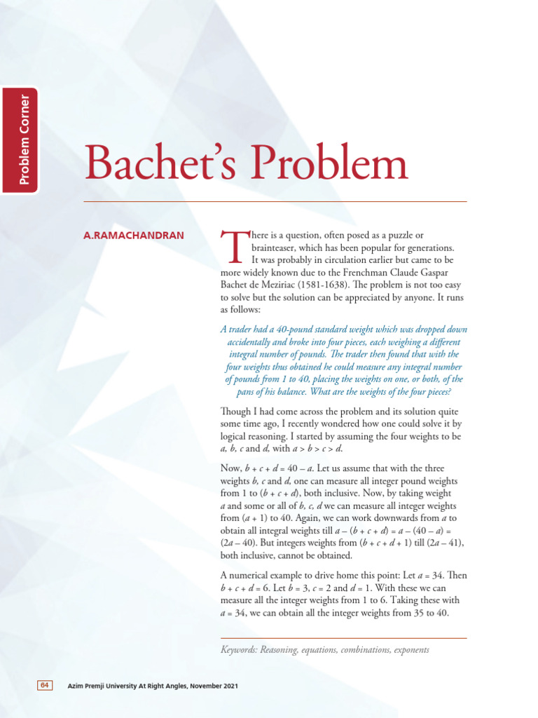 10 BACHET PROBLEM_PROBLEM CORNER | PDF | Weight | Mathematics