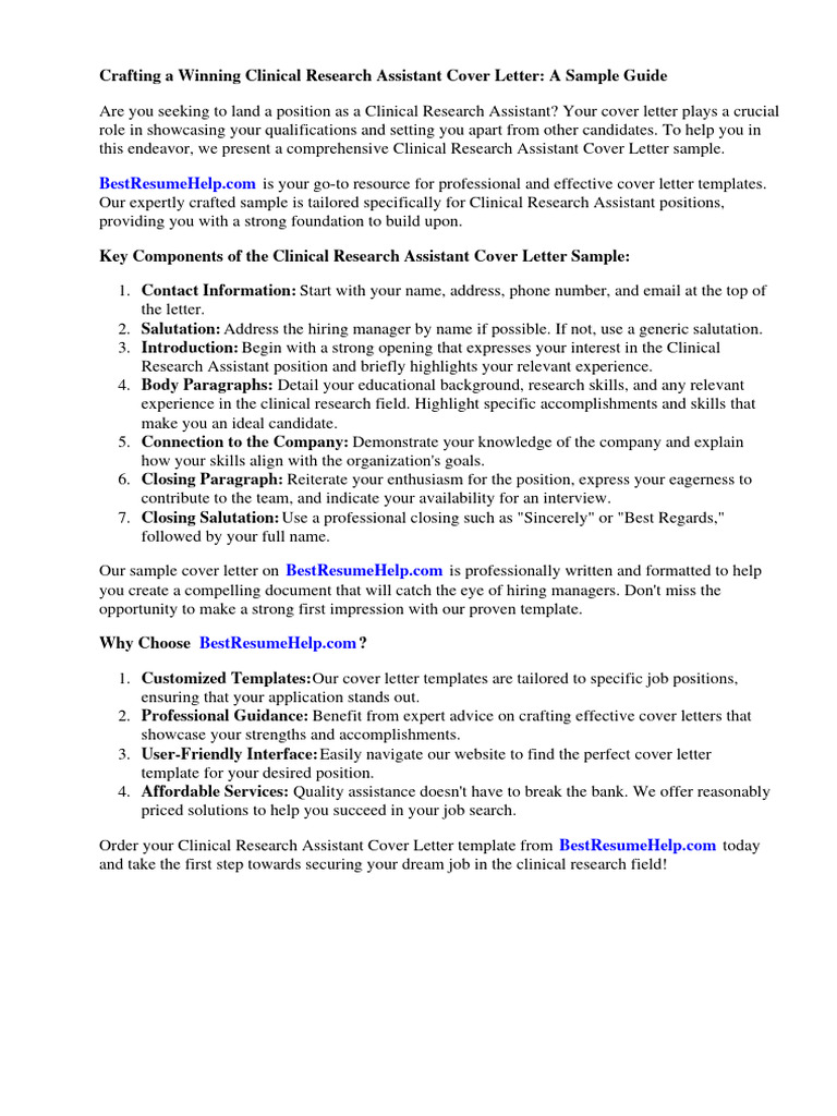 Clinical Research Assistant Cover Letter Sample | PDF