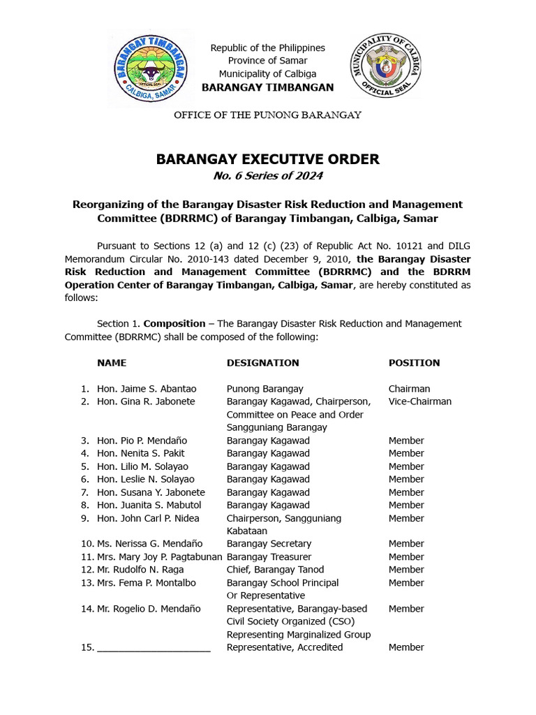 Barangay Executive Order No. 6 | PDF | Risk Management | Disaster Risk ...