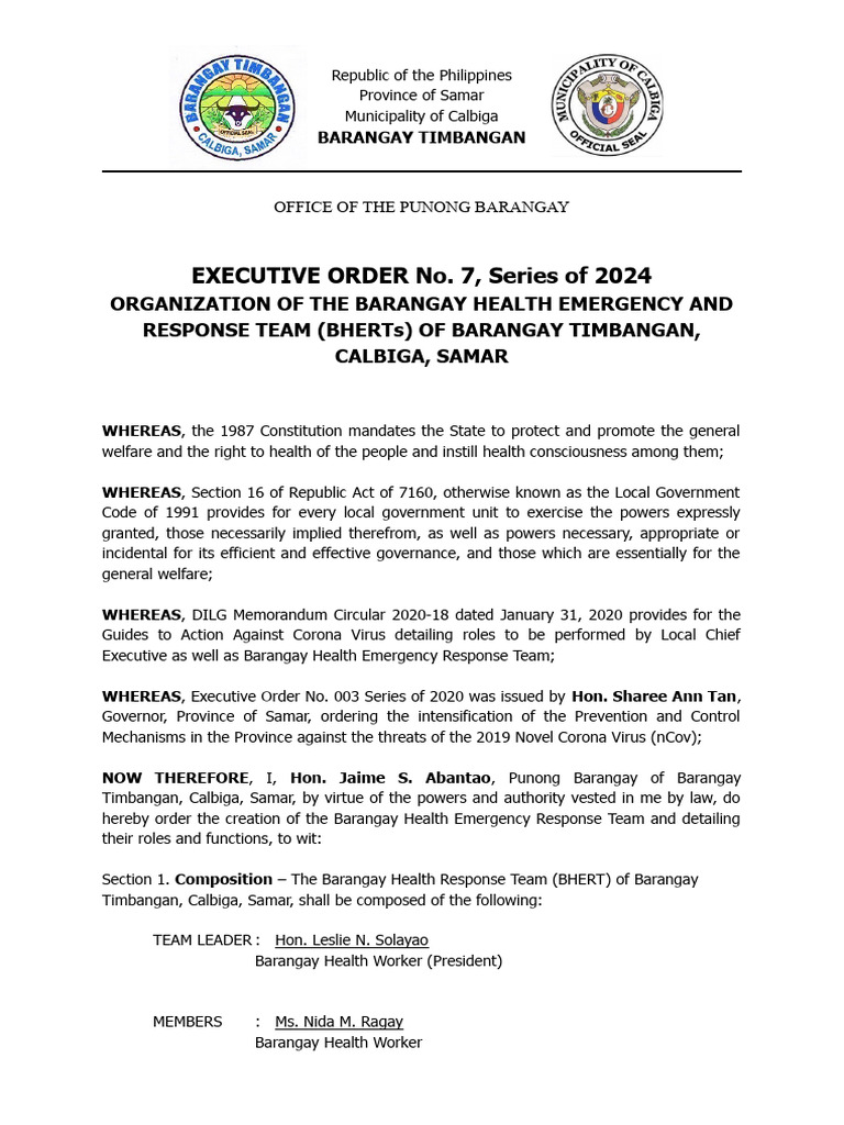 Barangay Executive Order No. 7 | PDF | Executive Order | Epidemics