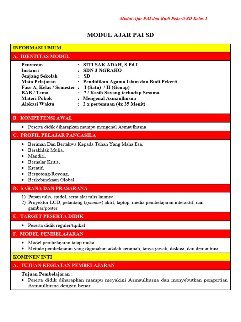 MODUL AJAR KLS 1 SEM 2 BAB 7 | PDF