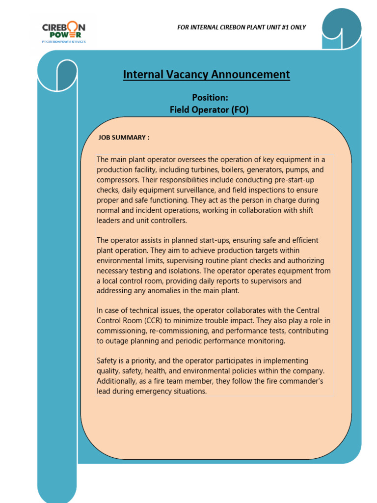 Internal Vacancy Announcement_Field Operator | PDF