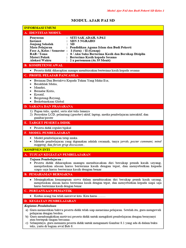 MODUL AJAR KLS 1 SEM 2 BAB 8 | PDF