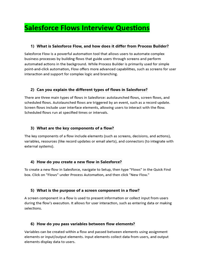 Salesforce Flows Interview Questions | Download Free PDF | Automation | Workflow