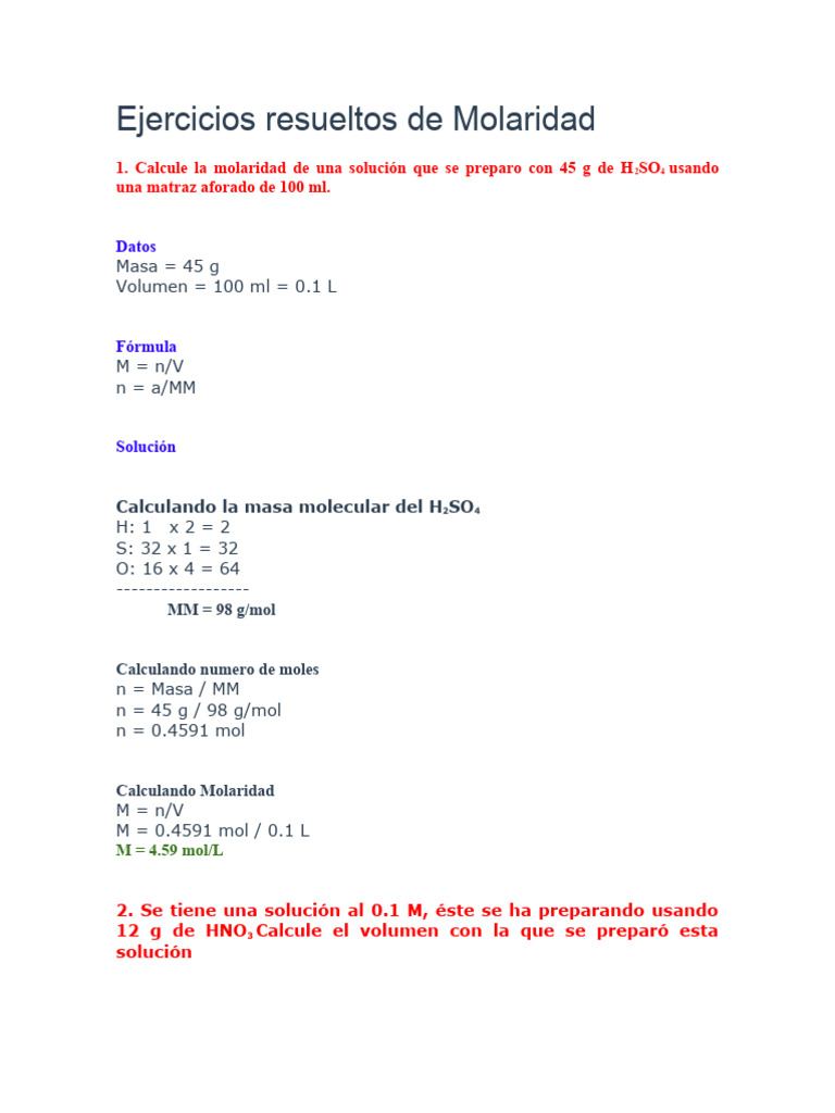 Ejercicios Resueltos de Molaridad | Descargar gratis PDF ...