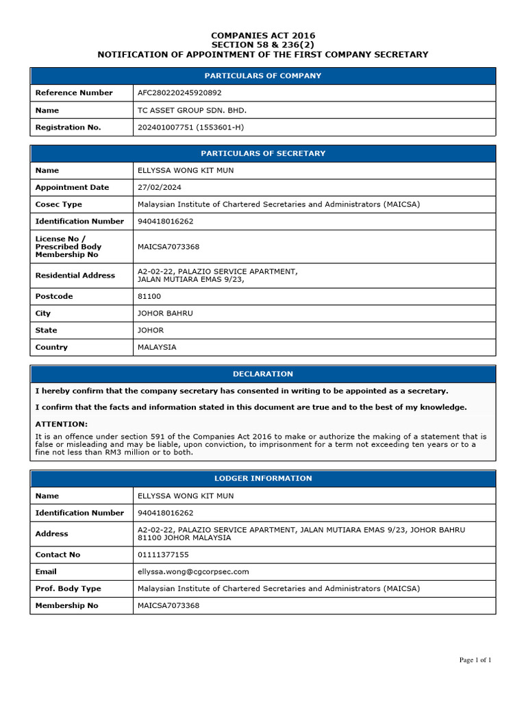 24.02.27 - Section 58 & 236 (2) - Appt of 1st Cosec | PDF