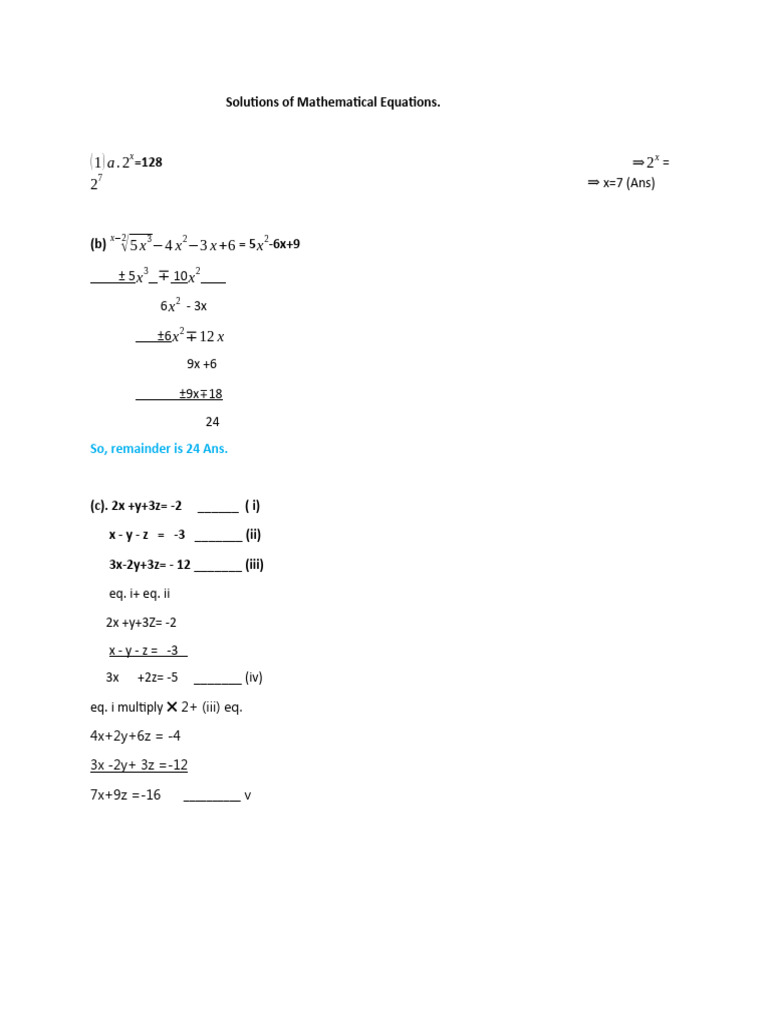 Maths. solutions | PDF | Equations | Mathematics