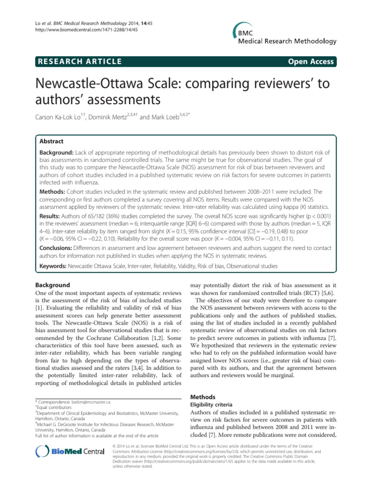 Newcastle-Ottawa Scale: Comparing Reviewers' To Authors' Assessments | PDF | Cohort Study ...