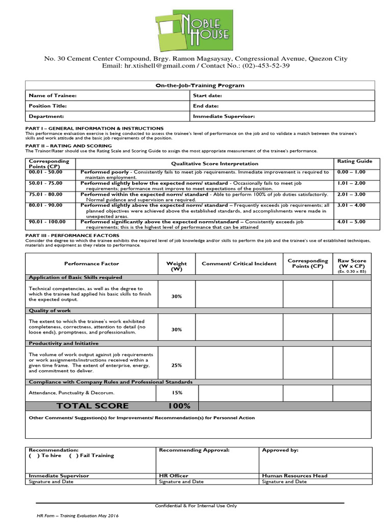 NOBLE HOUSE Training Evaluation Form | PDF | Performance Appraisal ...