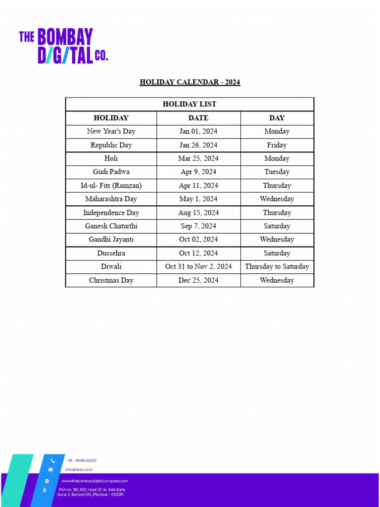 Holiday Calendar - 2024 - TBDC | PDF