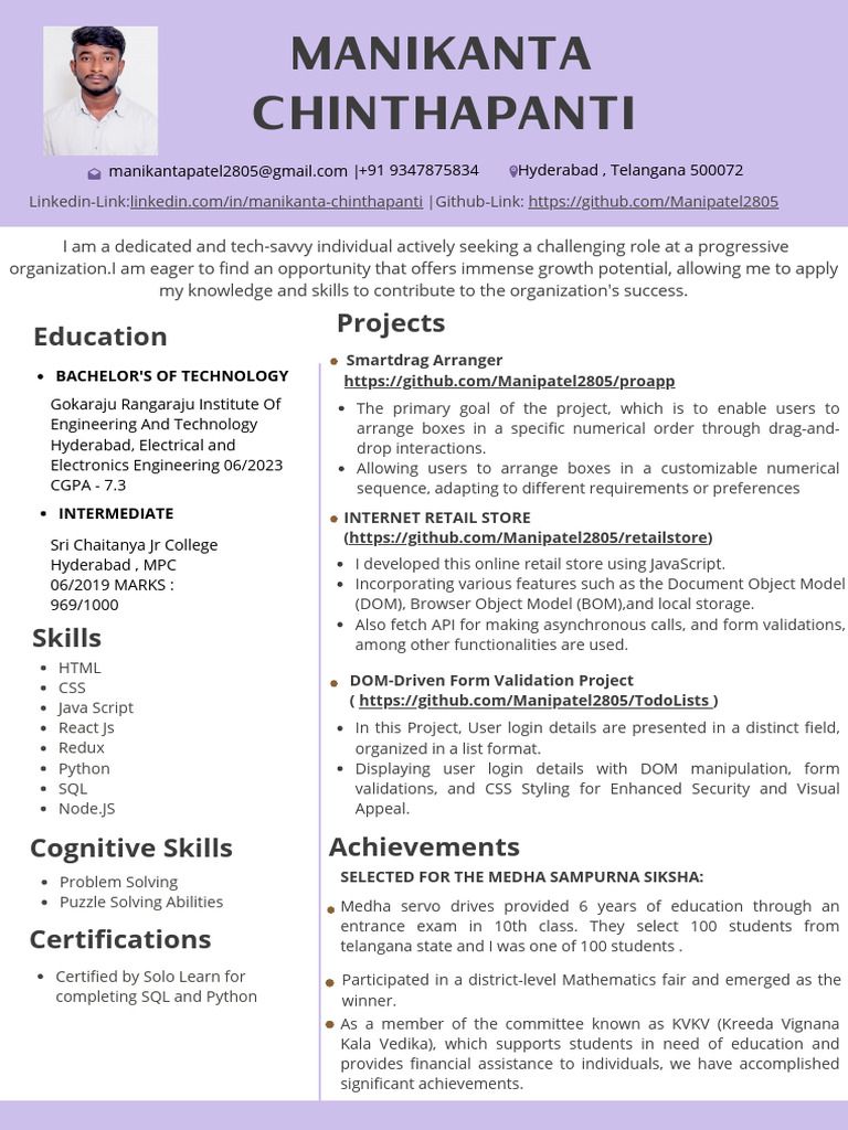 Manikanta Chinthapanti Resume | PDF | Document Object Model | Java Script