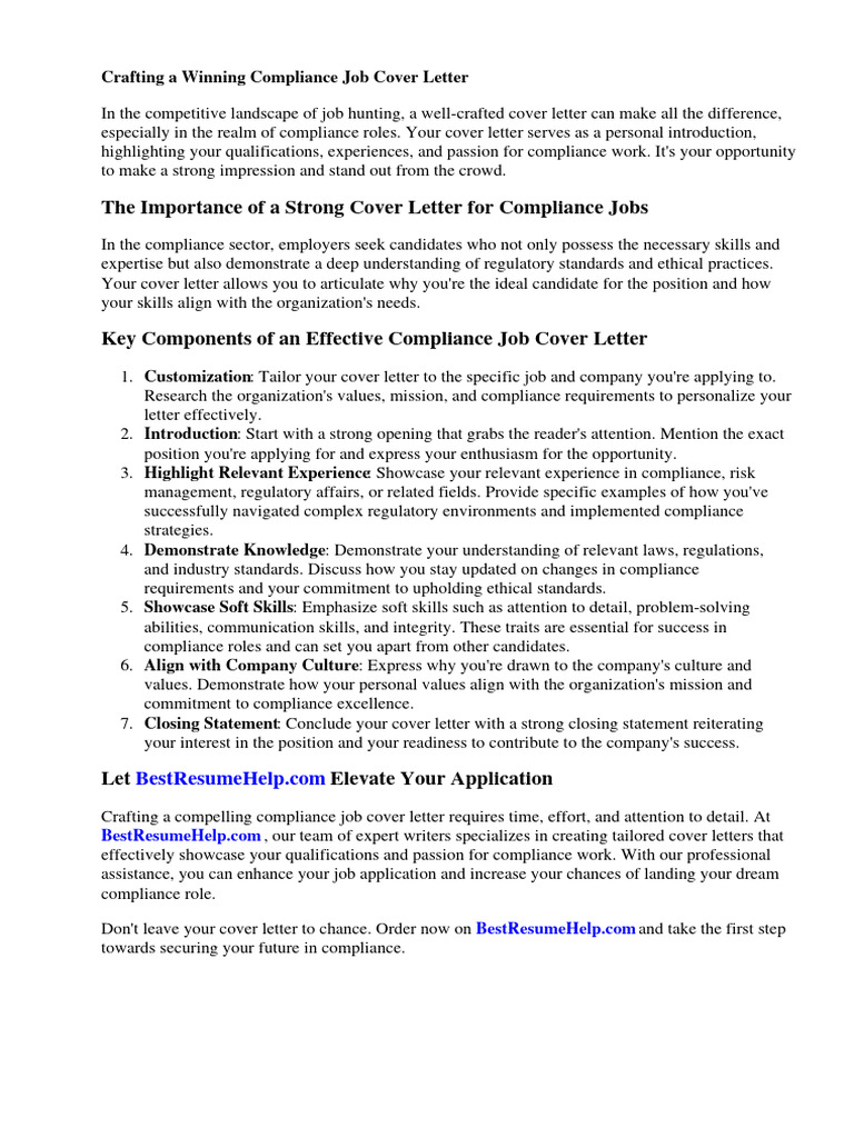 Compliance Job Cover Letter | Download Free PDF | Regulatory Compliance ...