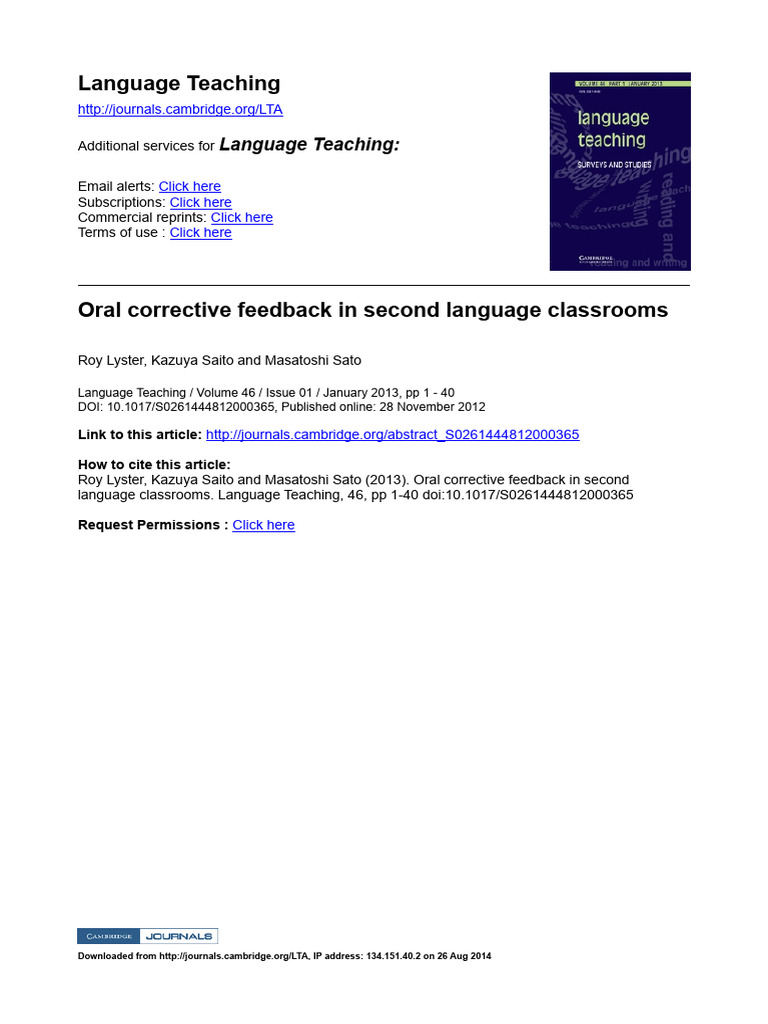 Oral Corrective Feedback in Second Language Classrooms-lyster2012 | PDF | Second Language | Learning