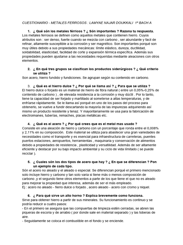CUESTIONARIO 1 - TEMA 4 (Lamyae Najar Doukkali 1 Bach A) | PDF | Acero | Hierro