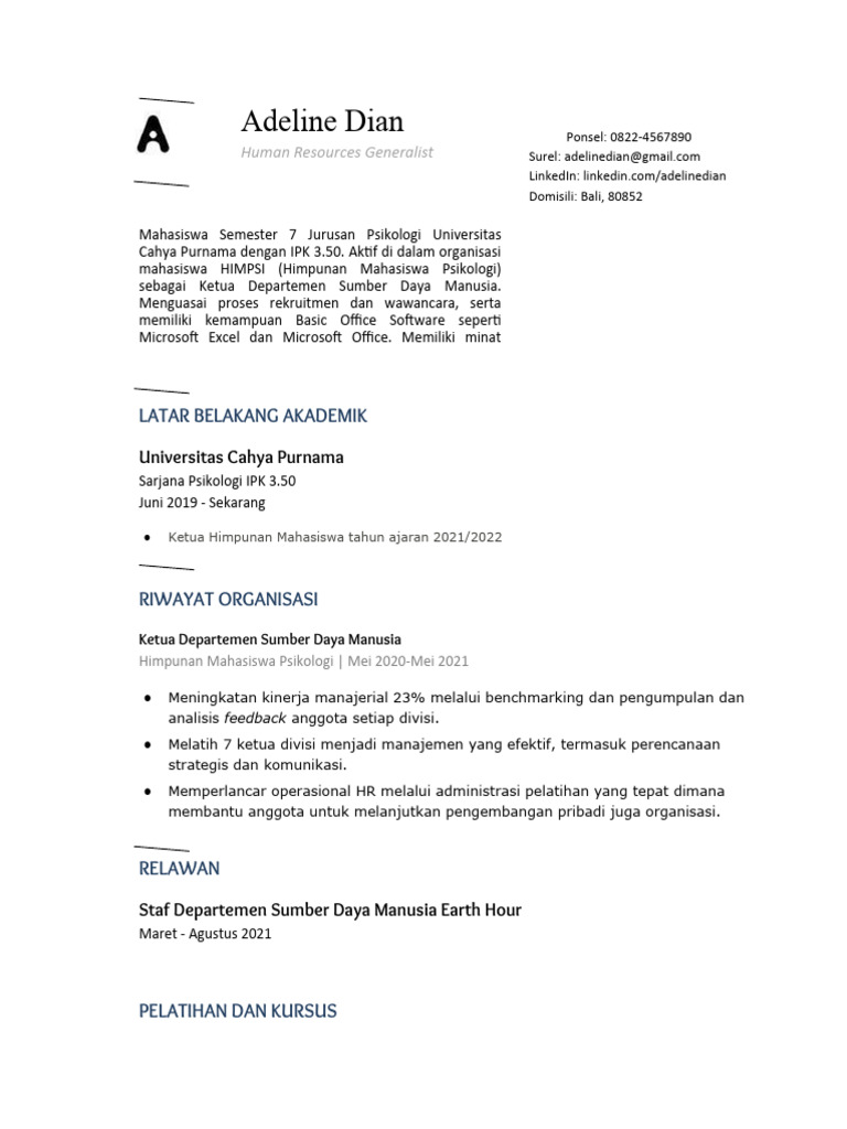 Profil Adeline Dian: HR Generalist | PDF | Karier & Perkembangan | Pengembangan Diri