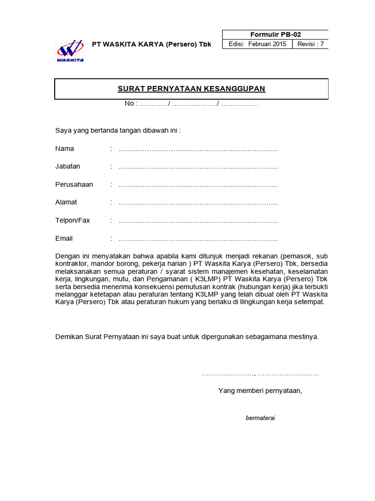 Form PB-02 Surat Pernyataan Kesanggupan | PDF | Teknologi & Rekayasa