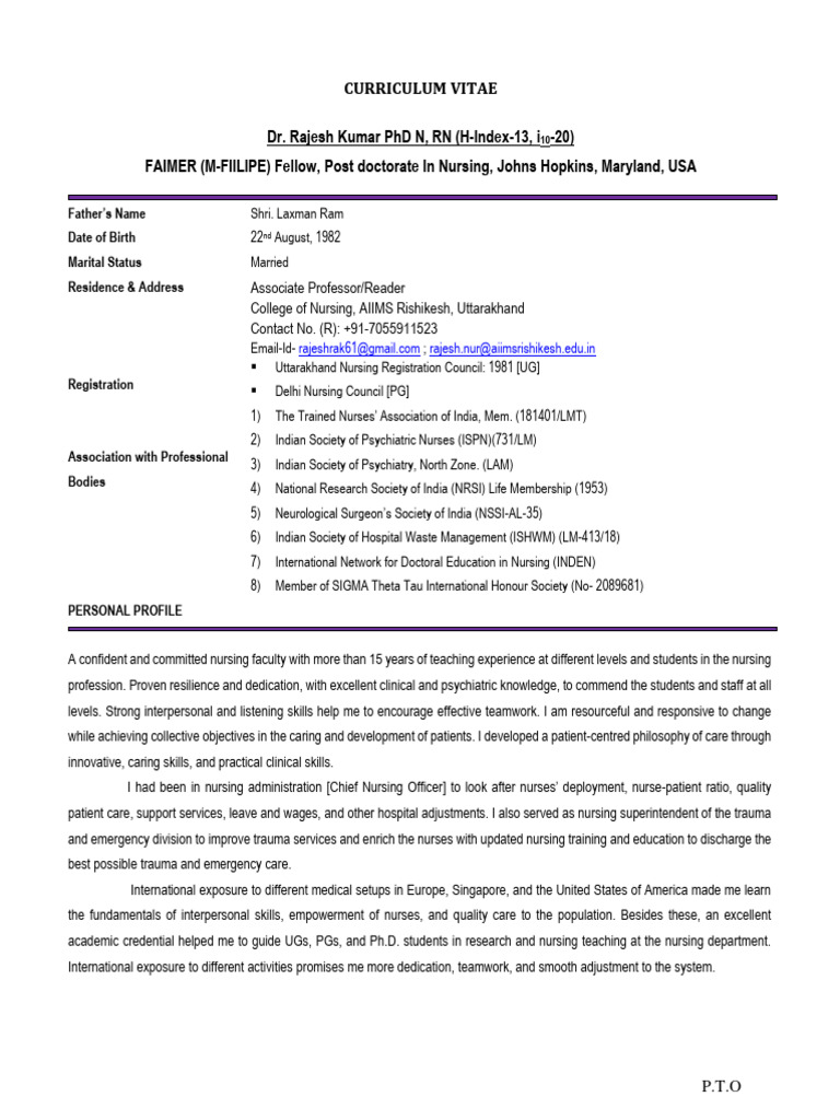 Brief CV - DR Rajesh Kumar, AIIMS Rishikesh | PDF