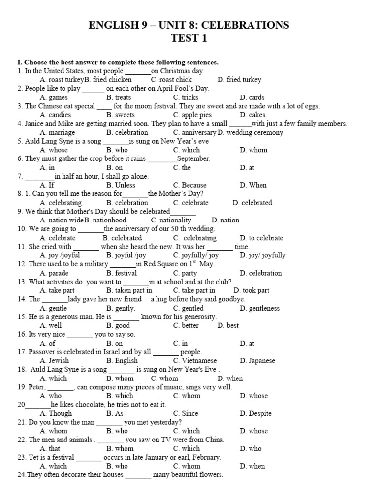 English 9 Unit 8 Celebrations Test 1 | PDF
