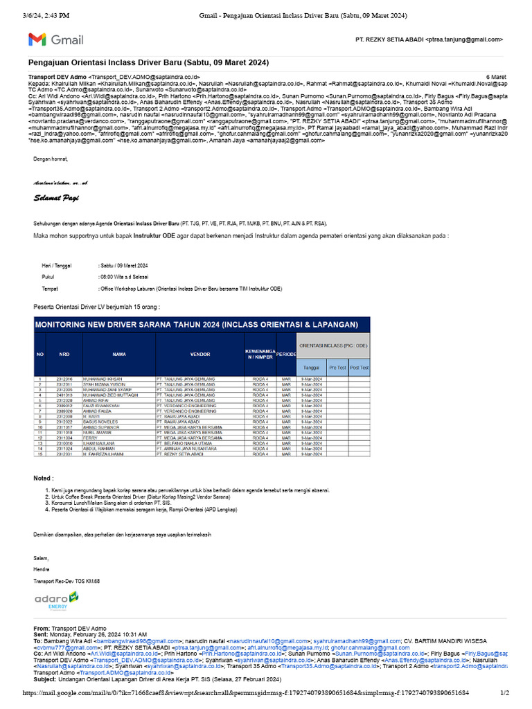 Gmail - Pengajuan Orientasi Inclass Driver Baru (Sabtu, 09 Maret 2024 ...