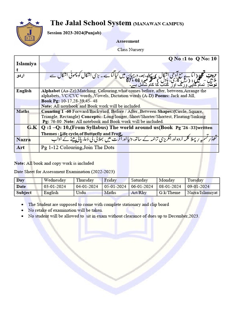 Class Nursery Syllabus | PDF