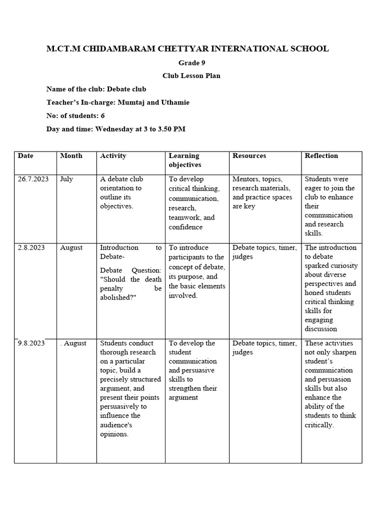 DEBATE CLUB LESSON PLAN | PDF | Critical Thinking | Lesson Plan