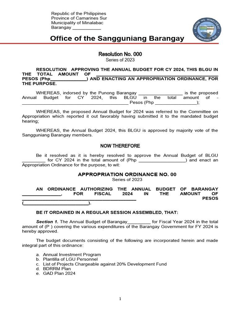 Barangay 2024 Budget Approval | PDF | Appropriations Bill (United ...