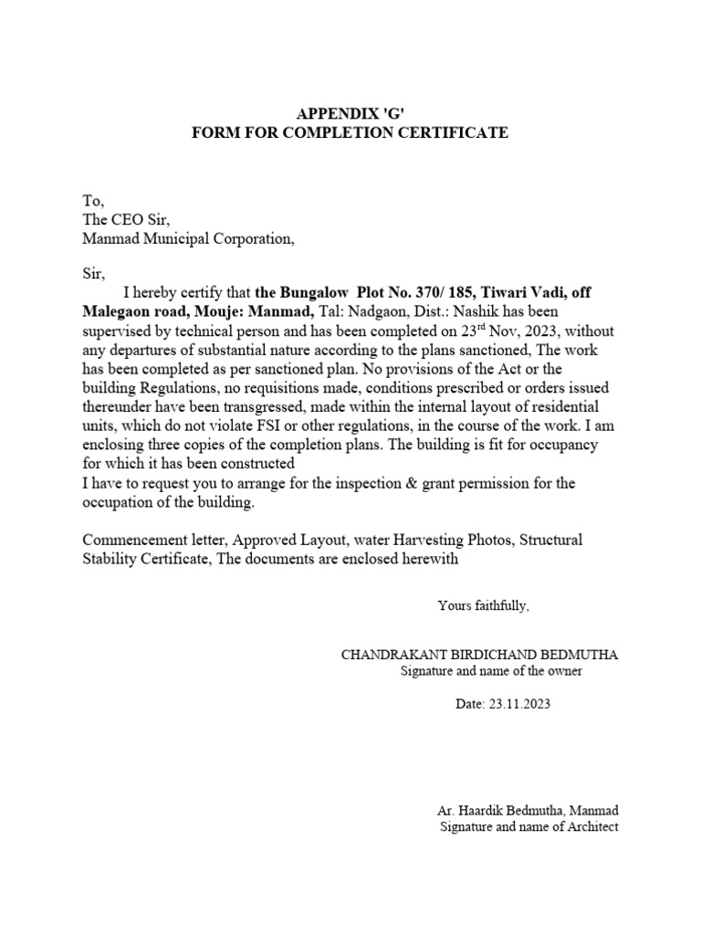 Appendix G, Completion Certificate - C B Bedmutha | PDF
