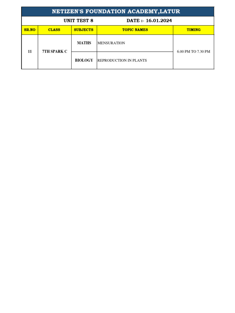 7th Spark C Unit Test 8 Time Table 2023 Pdf Science And Mathematics Technology And Engineering 
