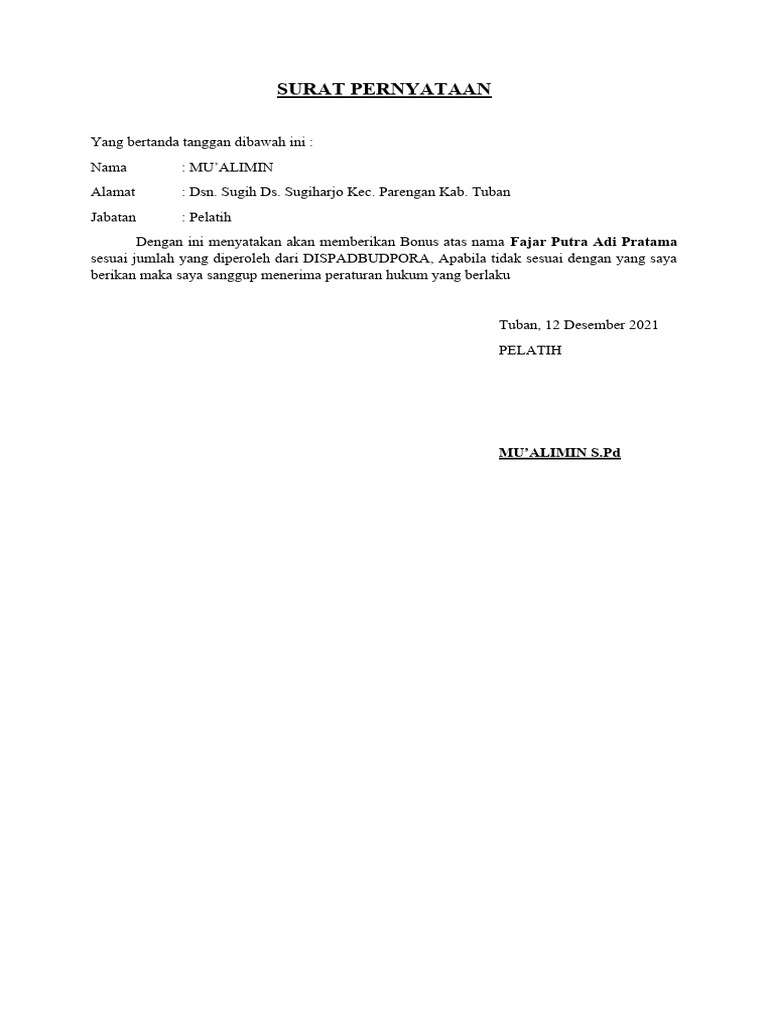 Surat Pernyataan Hadiah Atlet | PDF