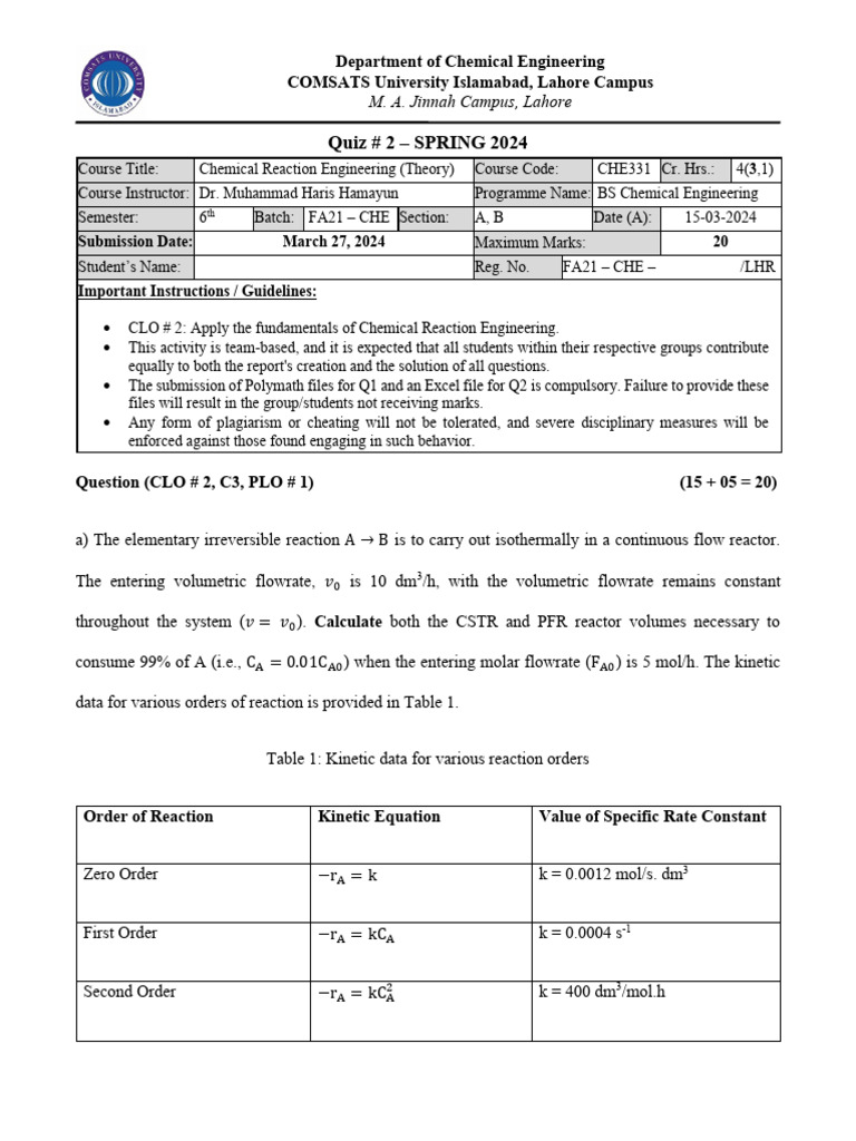 Chemical Reaction Engineering Quiz 2024 | PDF | Reaction Rate | Process ...