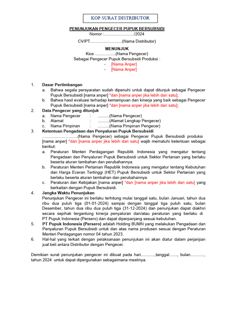 Master - Surat Penunjukan Pengecer 2024 | PDF