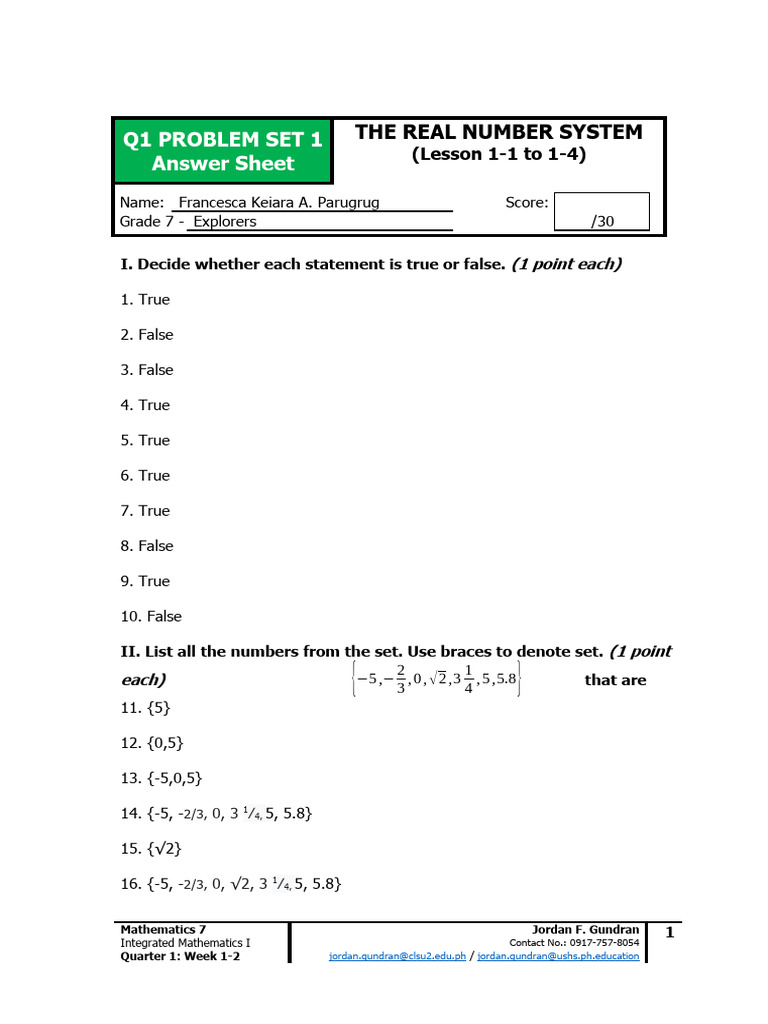 Problem Set 1 Answer Sheet | PDF | Mathematics | Mathematical Analysis