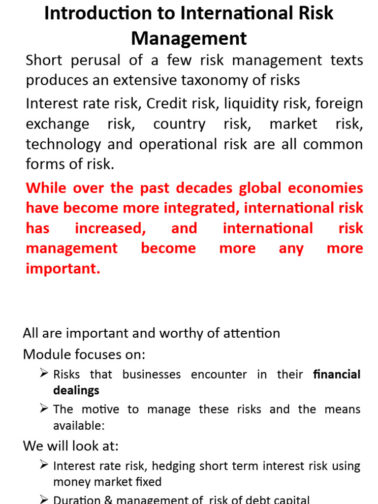 Topic 1 Introduction to International Risk Management Presentation | PDF | Risk | Arbitrage