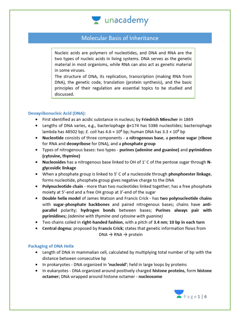 Formula Sheet Molecular Basis of Inheritance 1 | PDF | Genetic Code | Rna